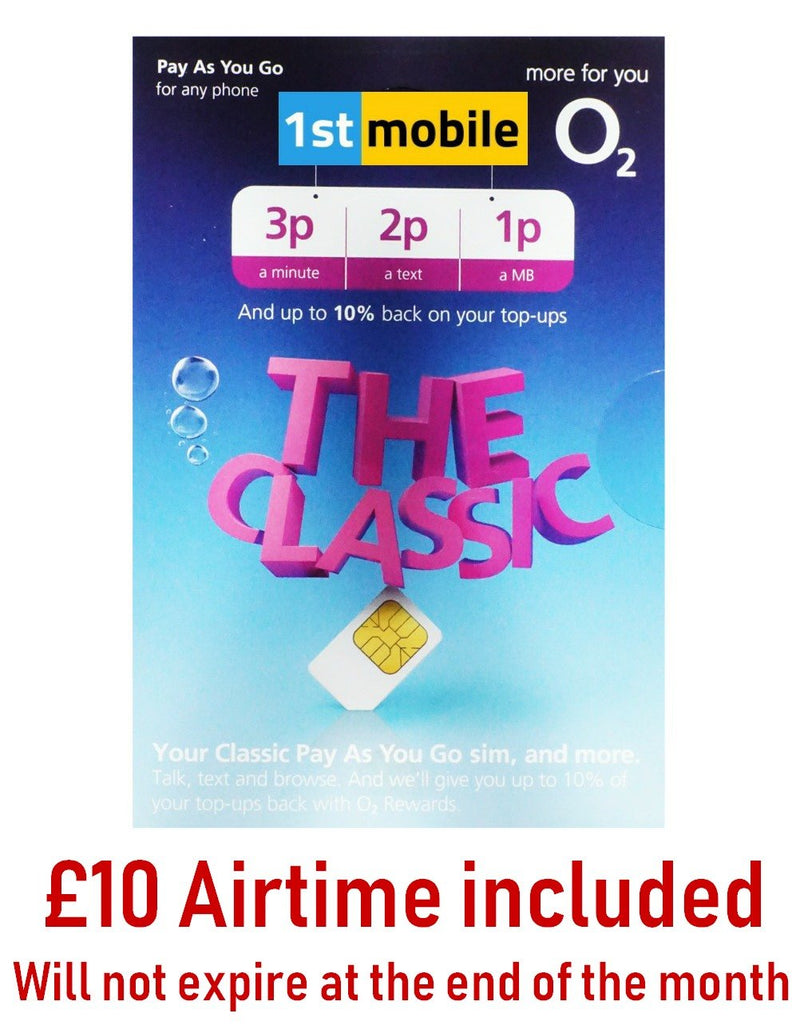 O2 Classic Pay As You Go sim cards with £10 airtime INCLUDED. NO month